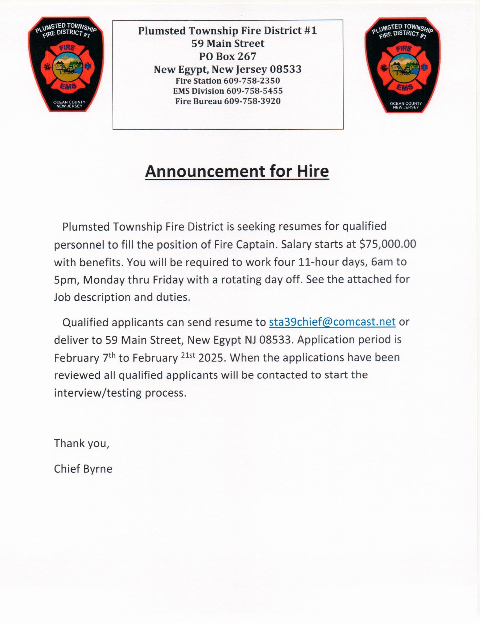 PLUMSTEAD TWP FIRE IS HIRE - First Source News